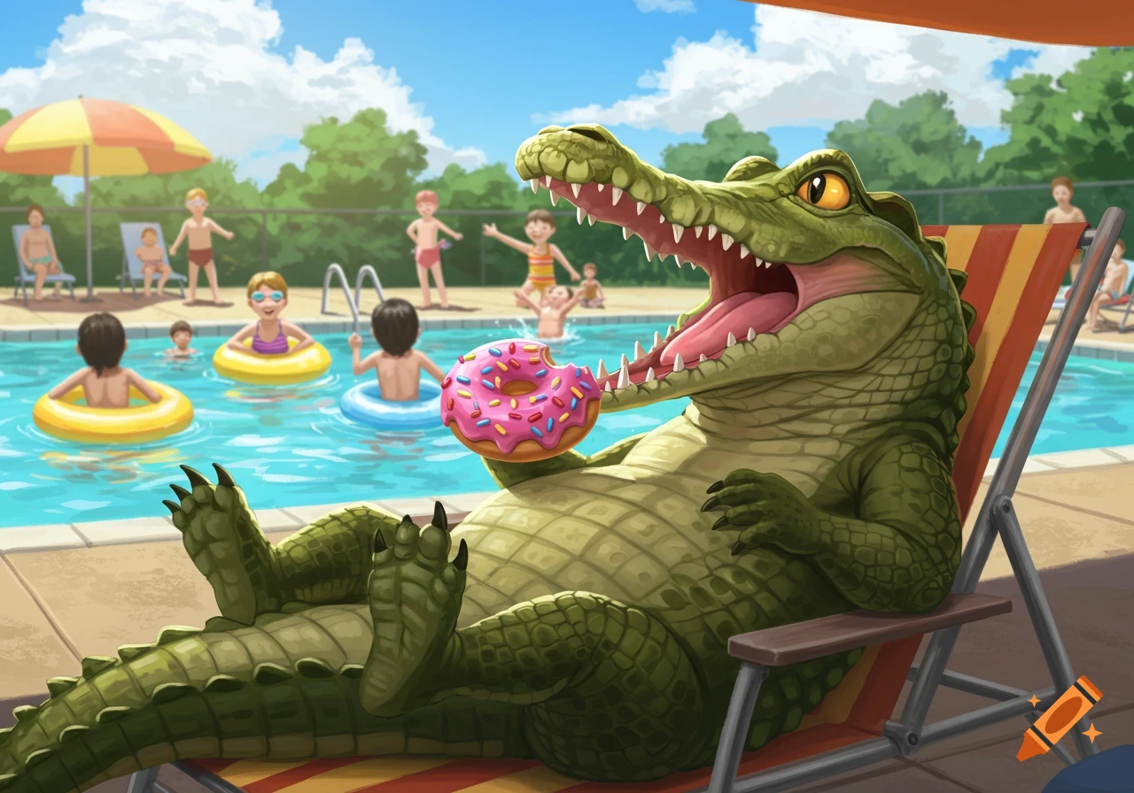 A cartoon crocodile in a striped chair at a sunny pool eats a pink ...
