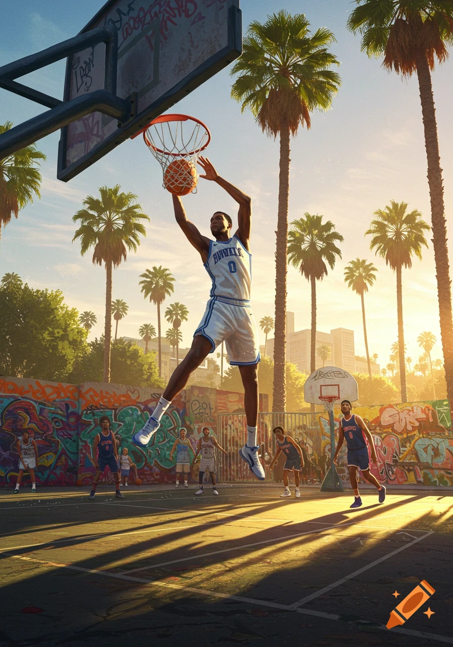 A male basketball player dunks in an outdoor court under a sunset sky ...