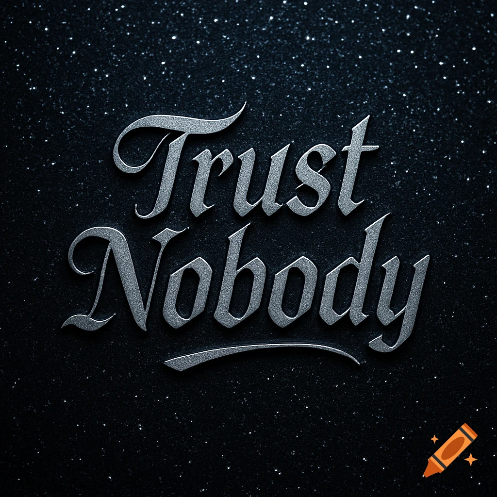 Metallic 'Trust Nobody' text in a decorative script on a dark, glittery ...