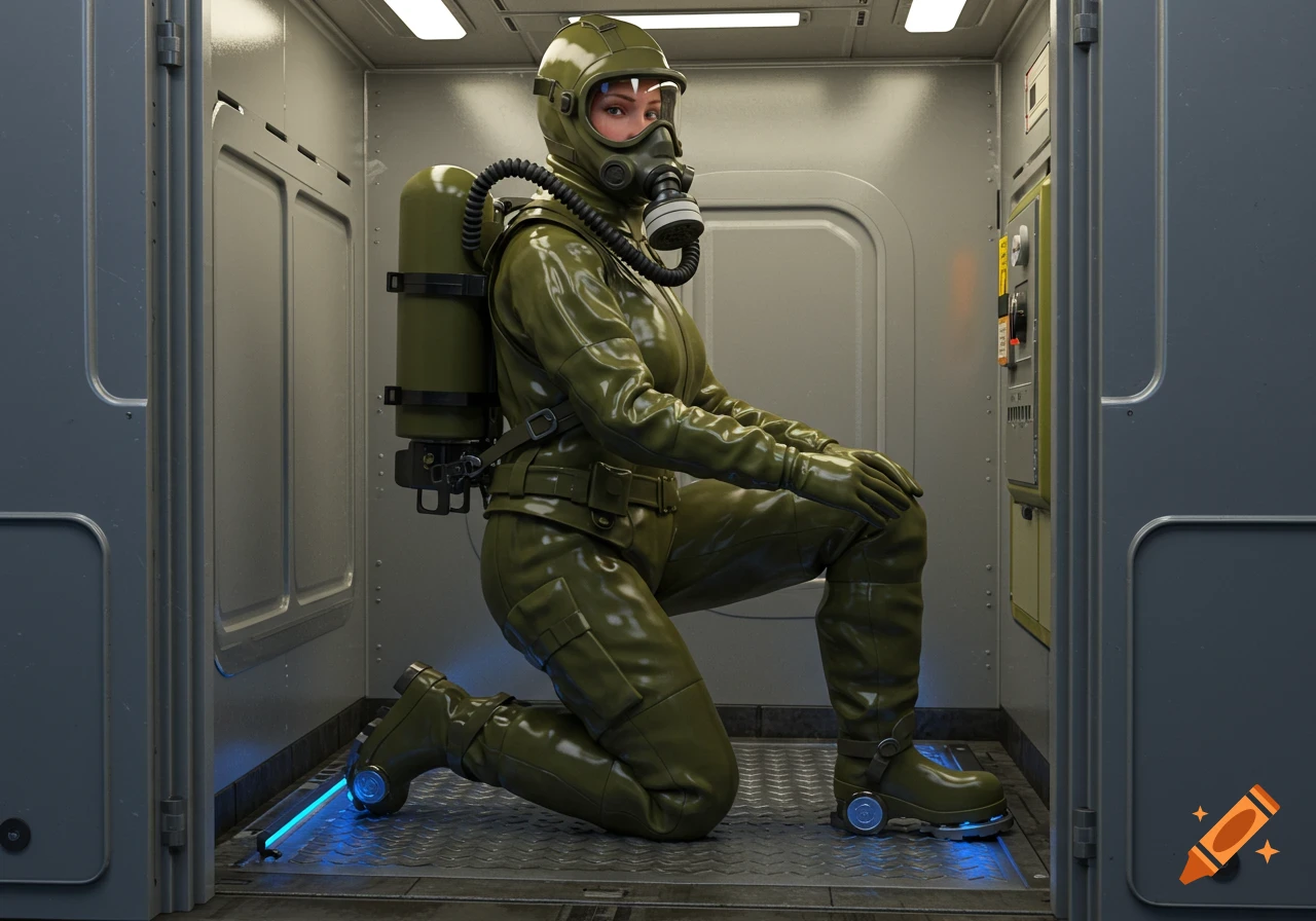 A woman in a full olive-drab chemical protection suit and gas mask ...