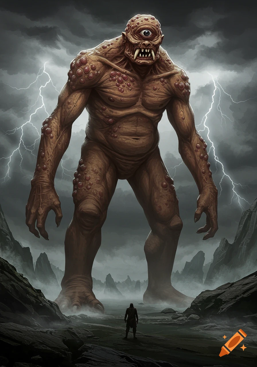 A gigantic, one-eyed, bumpy-skinned cyclops stands under a lightning ...