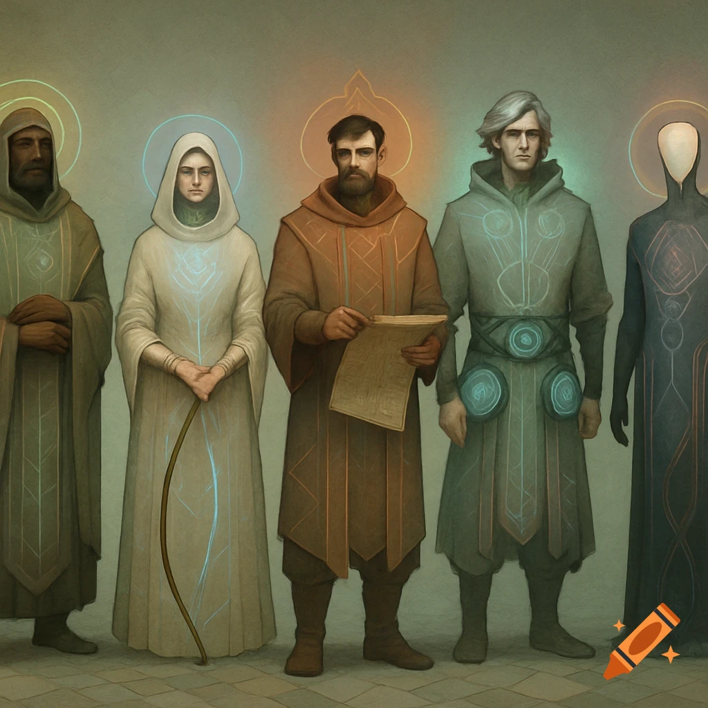 Five robed figures with mystical auras in a lineup, painterly style. on ...
