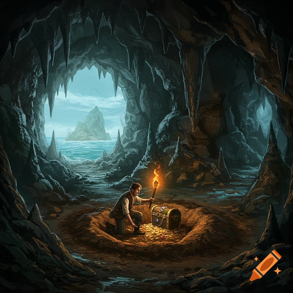 A man kneels in a large cave, holding a flaming torch, next to an open treasure chest filled ...