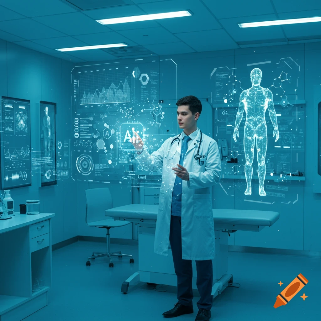 A young male doctor in a lab coat interacts with futuristic holographic ...