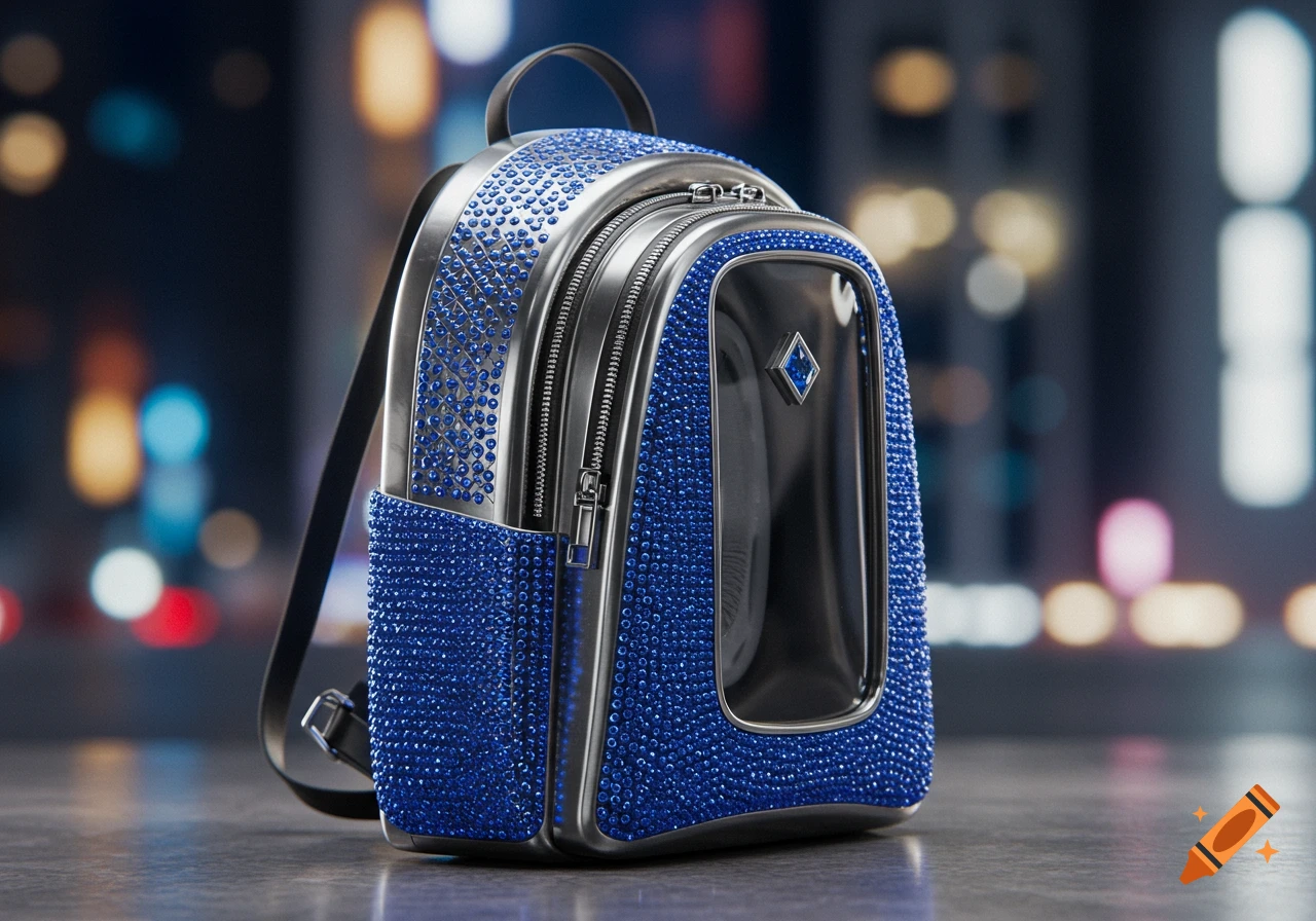 A dazzling blue and silver metallic backpack covered in blue studs ...