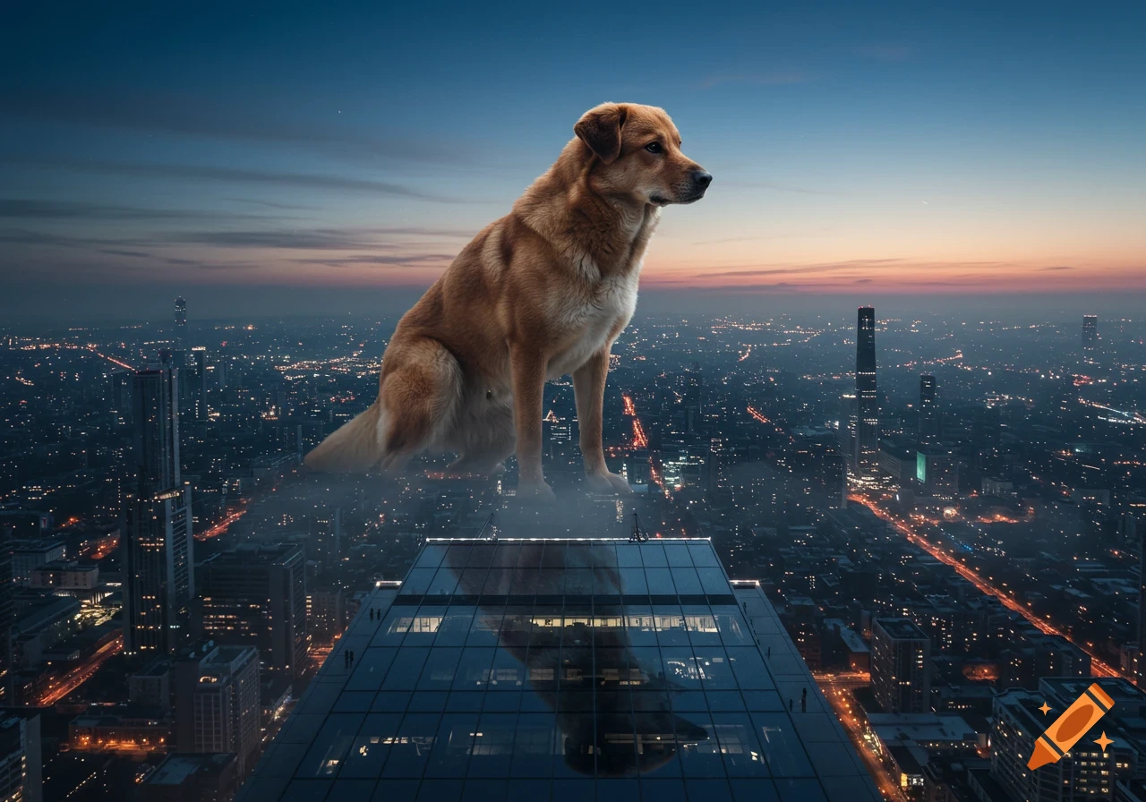A photorealistic giant dog sits on top of a skyscraper, overlooking a ...
