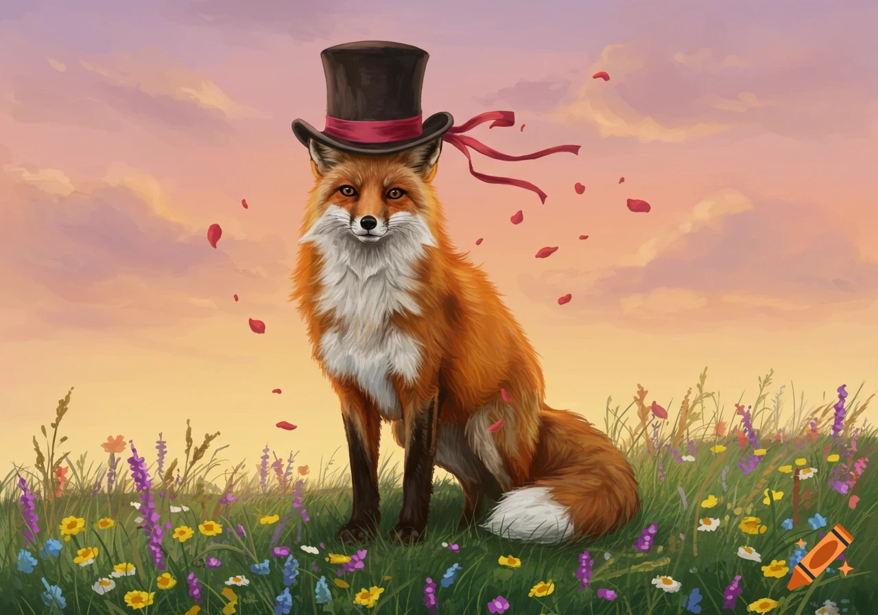 A dapper fox in a top hat sits amongst colorful wildflowers, with red ...