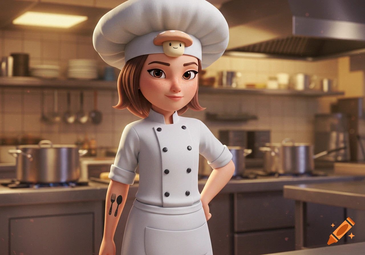 A cute Pixar-style 3D animated female chef with a smiling mushroom on ...