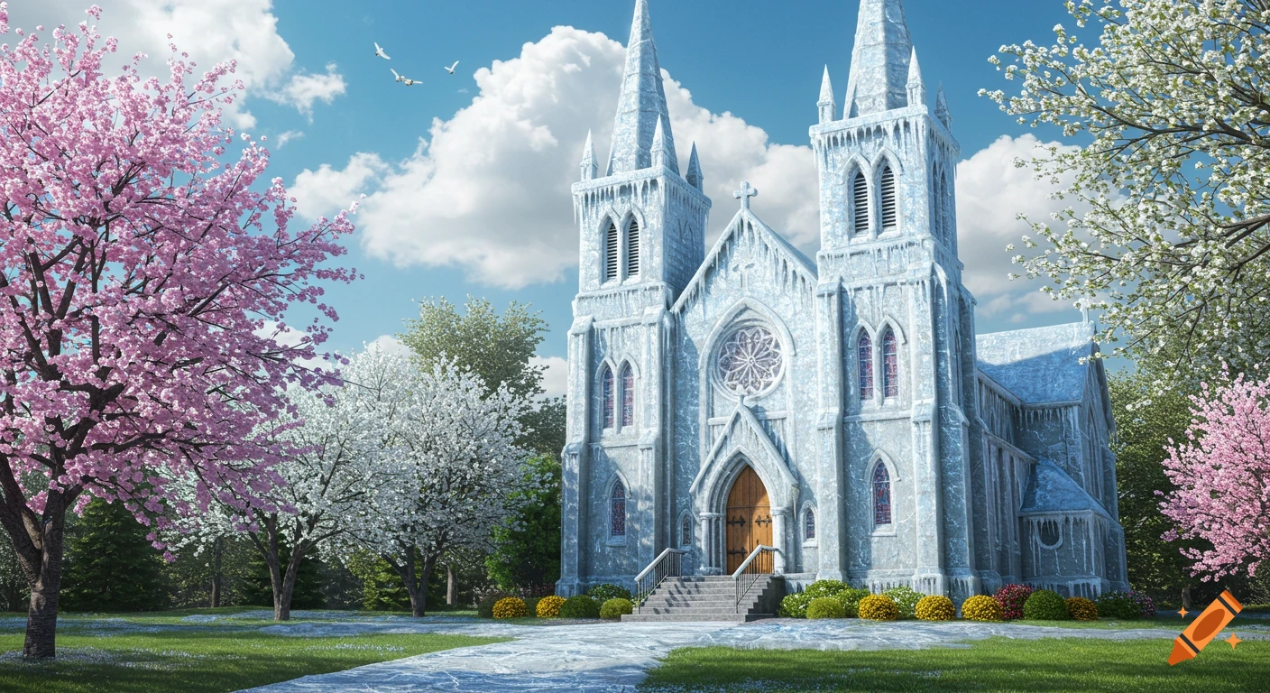 A fantasy ice church with spires, surrounded by blooming pink and white ...