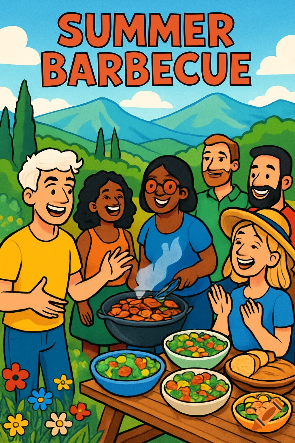 Cartoon illustration of diverse adults enjoying a summer barbecue ...