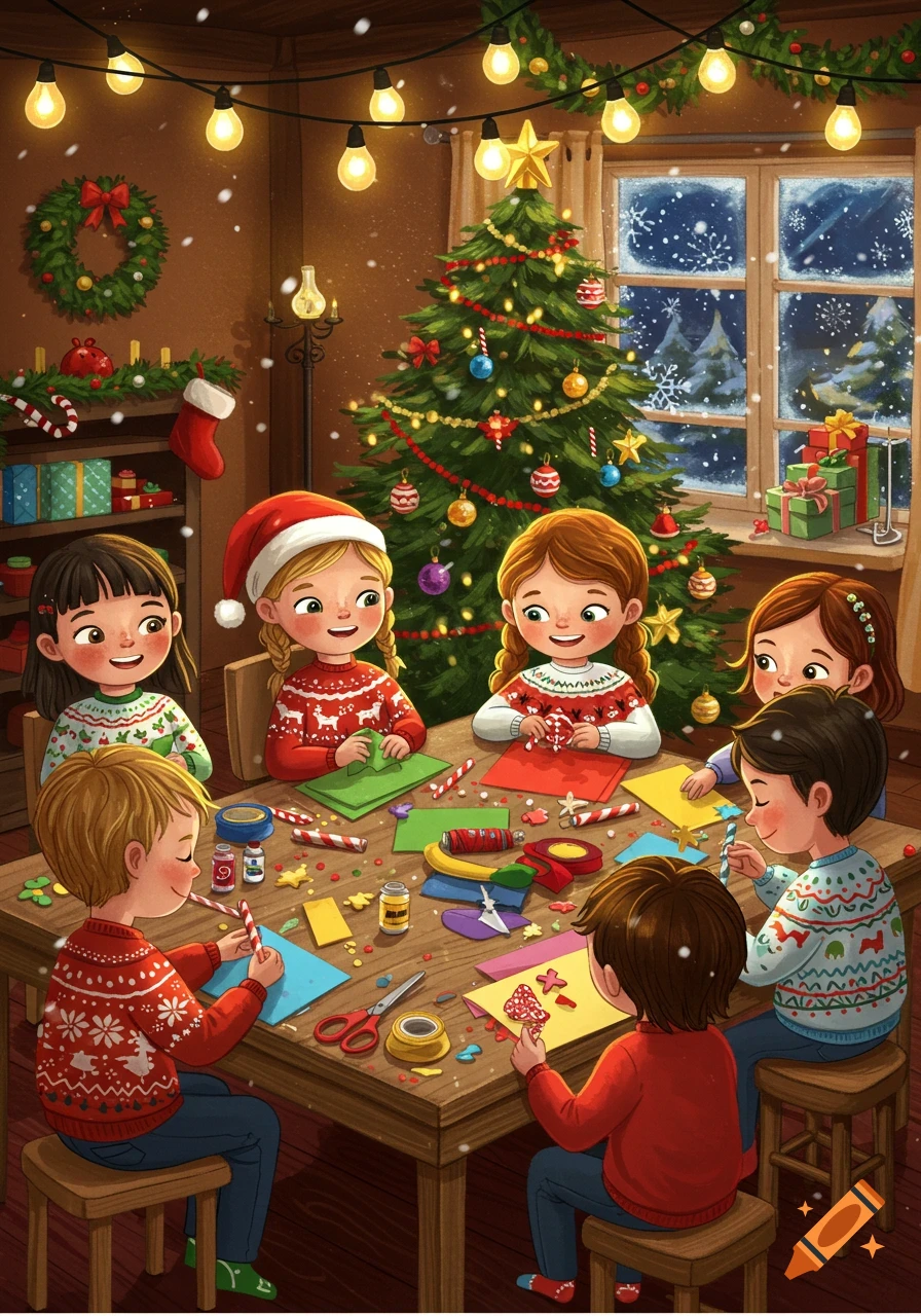 Children in Christmas sweaters doing crafts around a table in a cozy ...