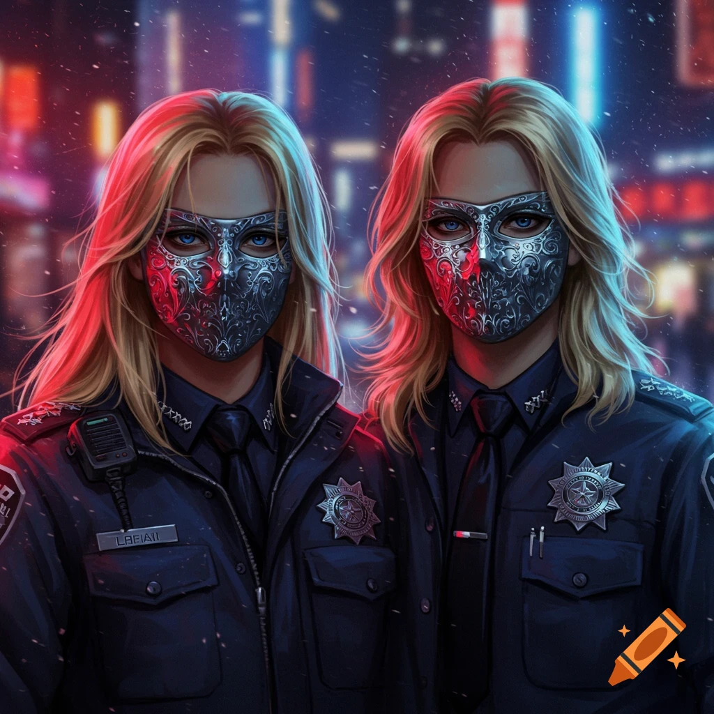 Two blonde women in police uniforms wear ornate silver and red ...