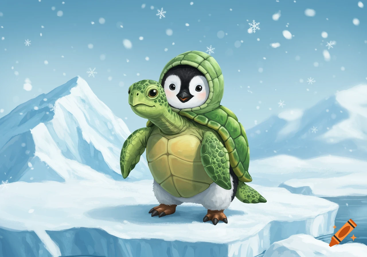 A cute cartoon penguin wearing a green turtle suit stands on an icy ...