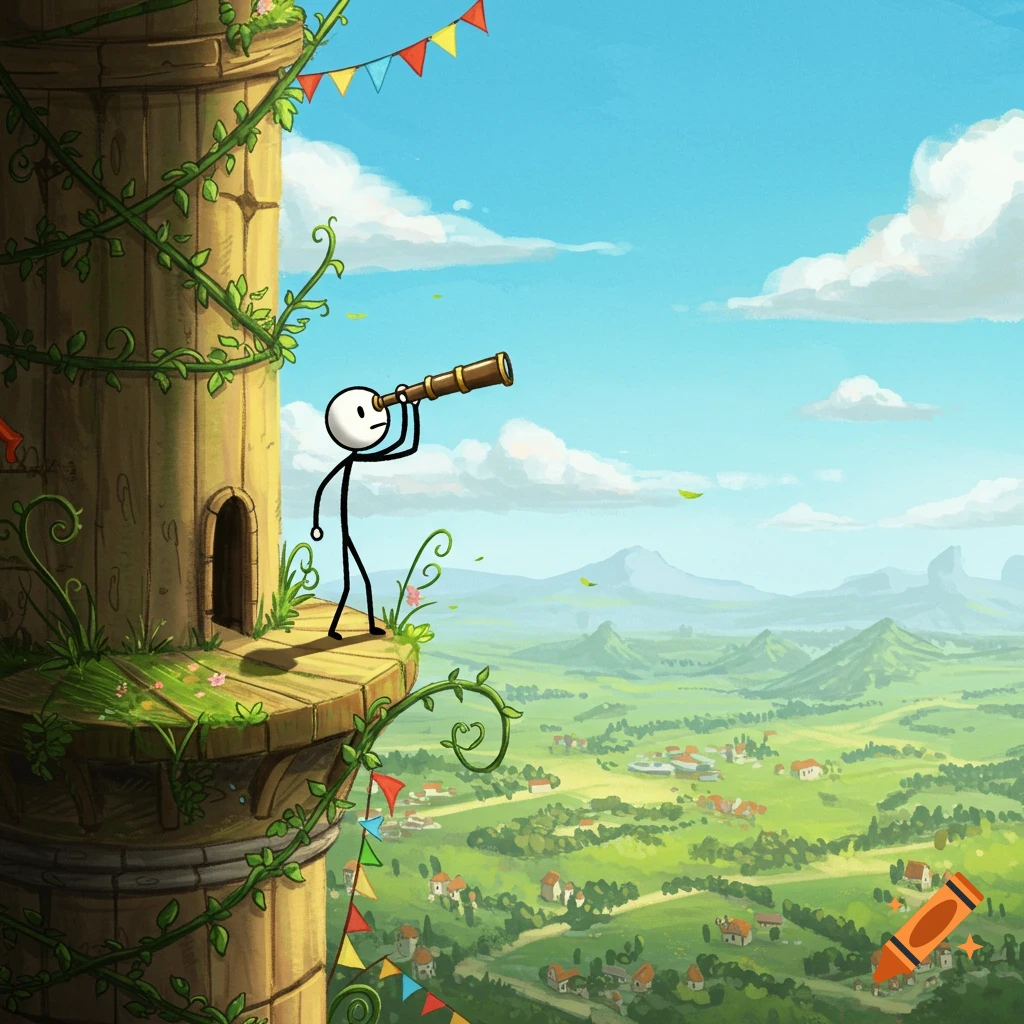 A cartoon stick figure on a vine-covered tower looks through a ...