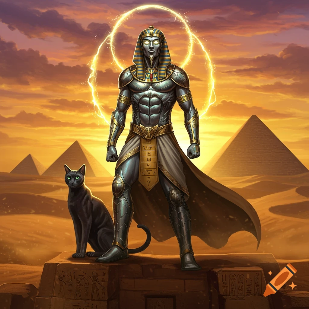 A silver-armored Egyptian god-like figure with a lightning halo stands ...