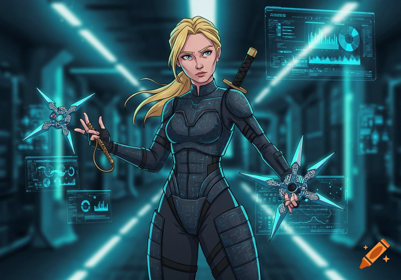 A cartoon data ninja with blonde hair, wearing a dark suit and holding ...