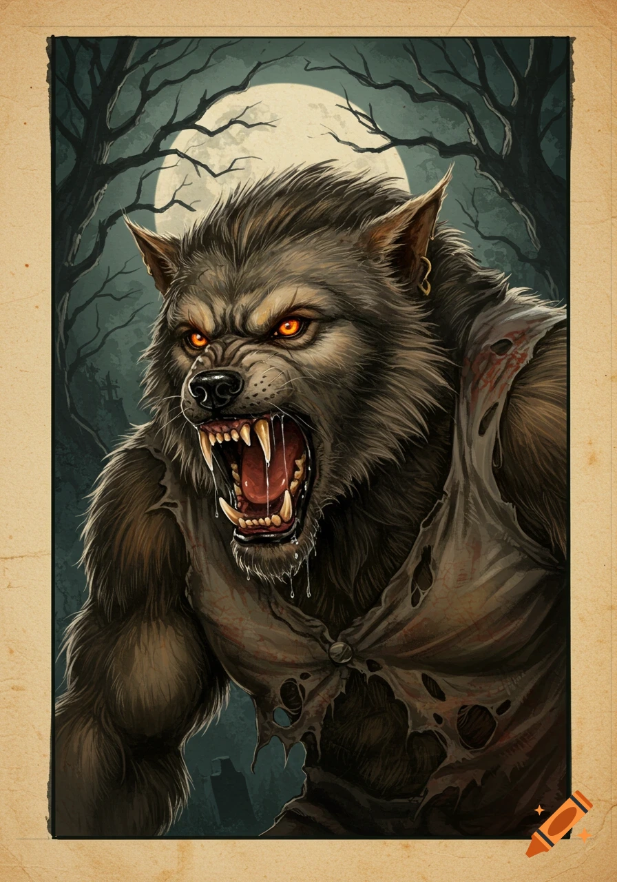 A fierce werewolf with glowing orange eyes and bared fangs, wearing a ...