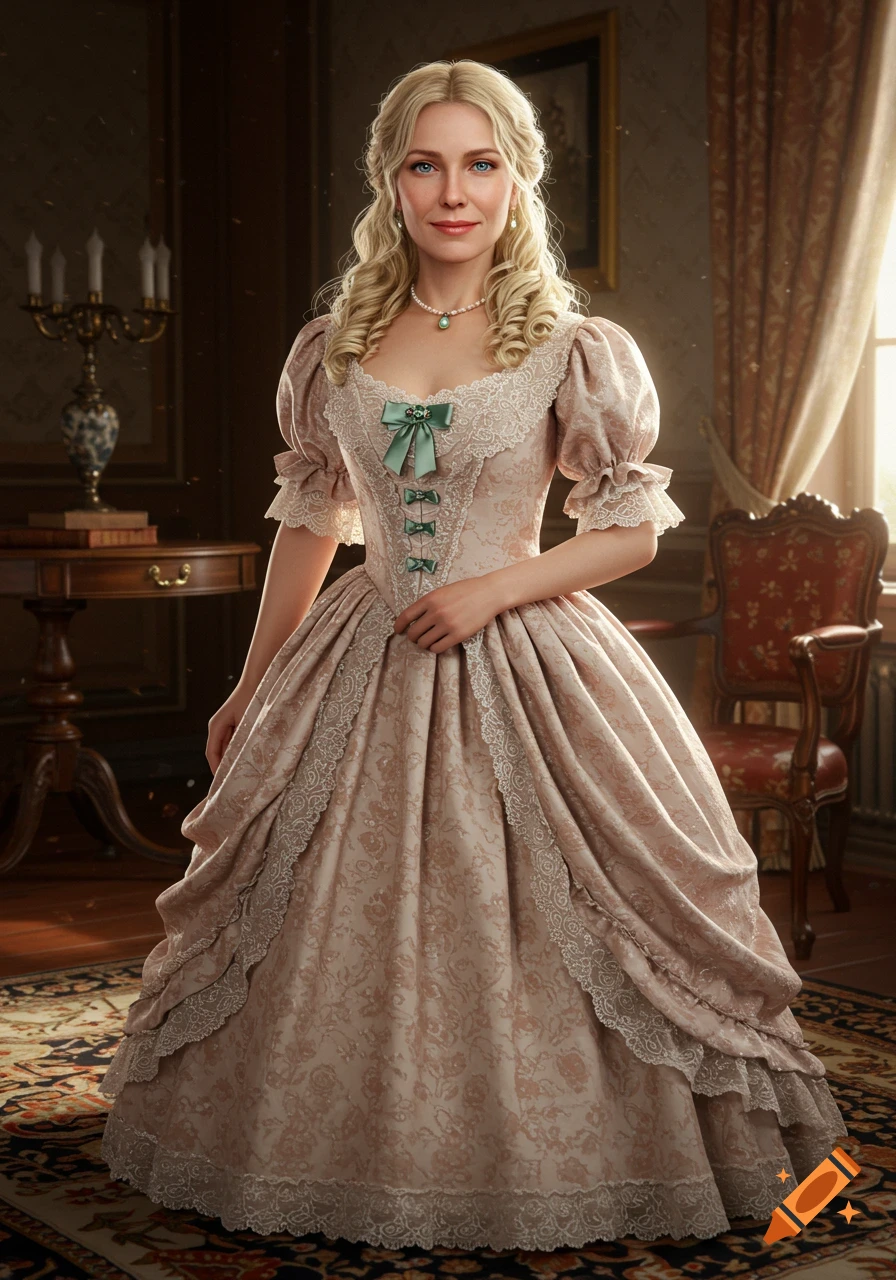 Smiling blonde woman in a pink 1840s-style gown with lace and green ...