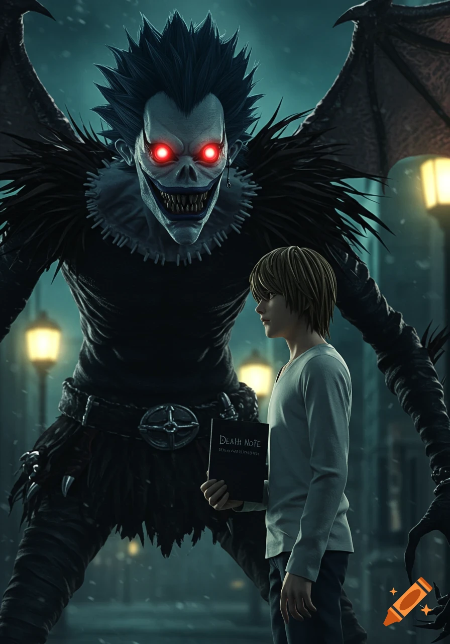 Hyperrealistic depiction of Ryuk, a tall, menacing shinigami with red ...