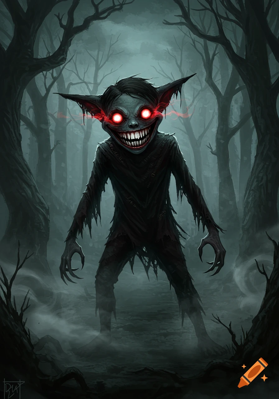 A grinning, grey-skinned goblin-like creature with glowing red eyes ...