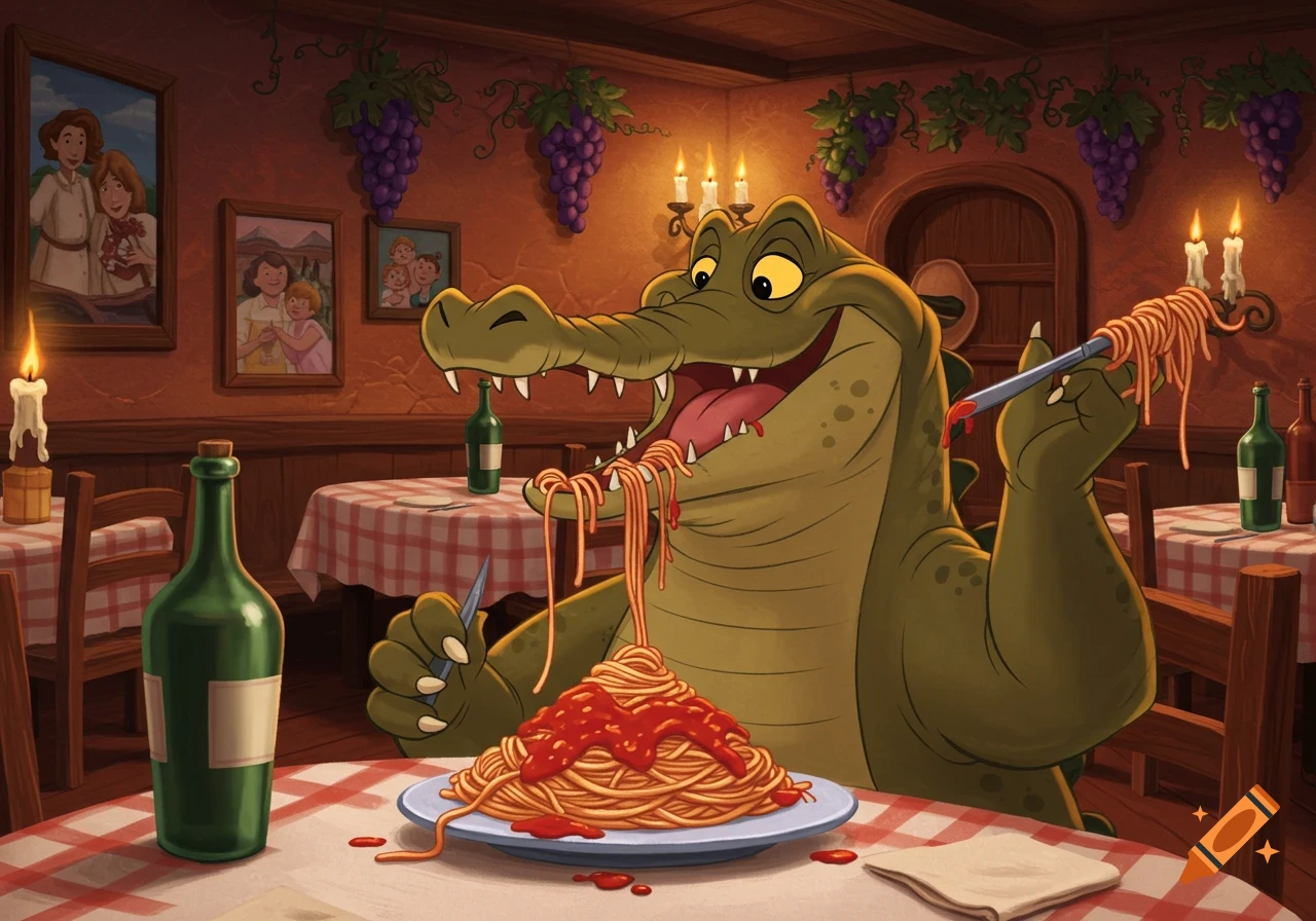 A cartoon alligator happily devours a large plate of spaghetti with red ...