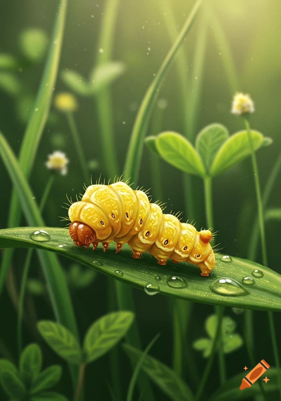 A vibrant yellow caterpillar with a reddish-brown head and small hairs ...