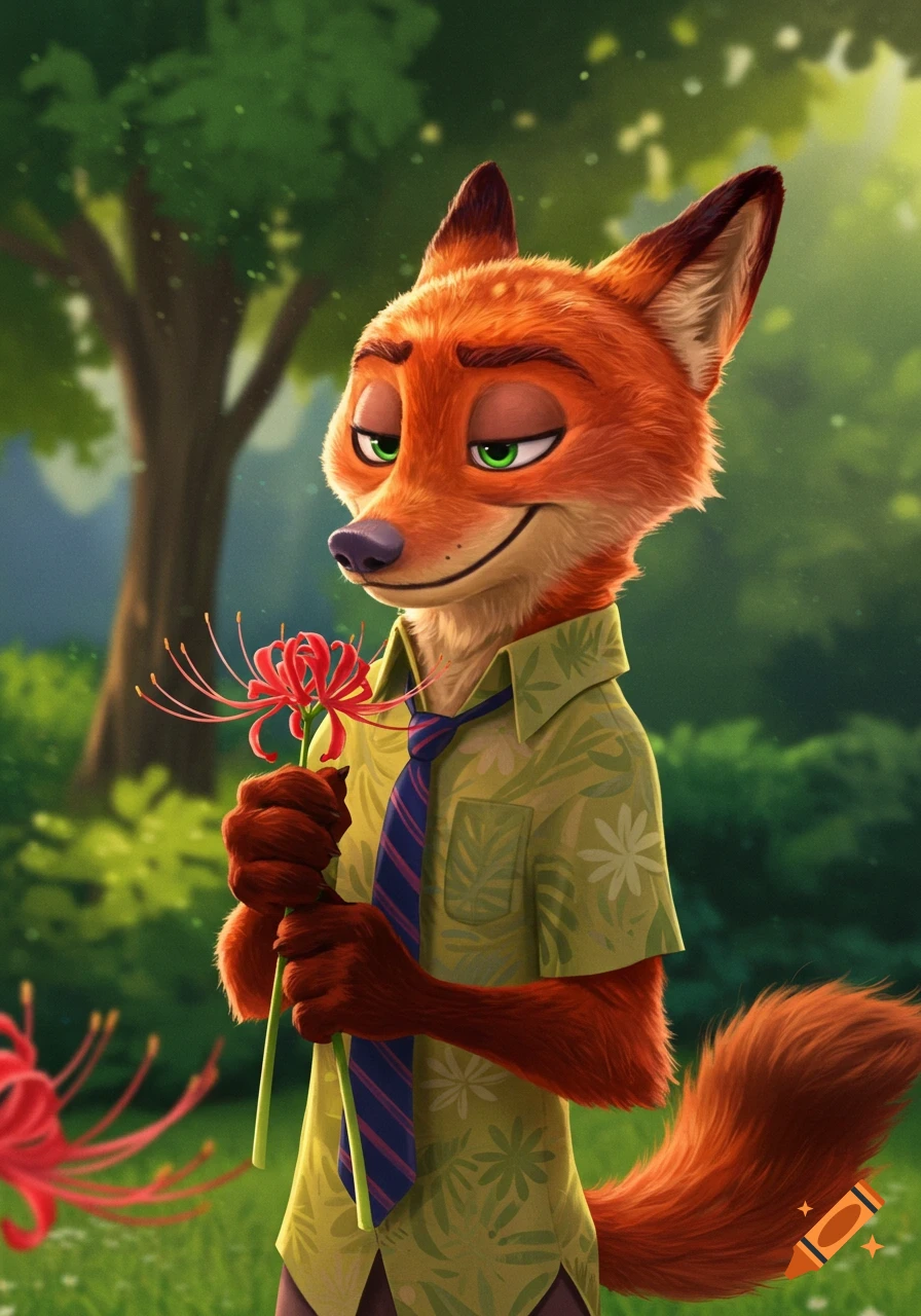Nick Wilde, an orange fox from Zootopia, wearing a Hawaiian shirt and ...
