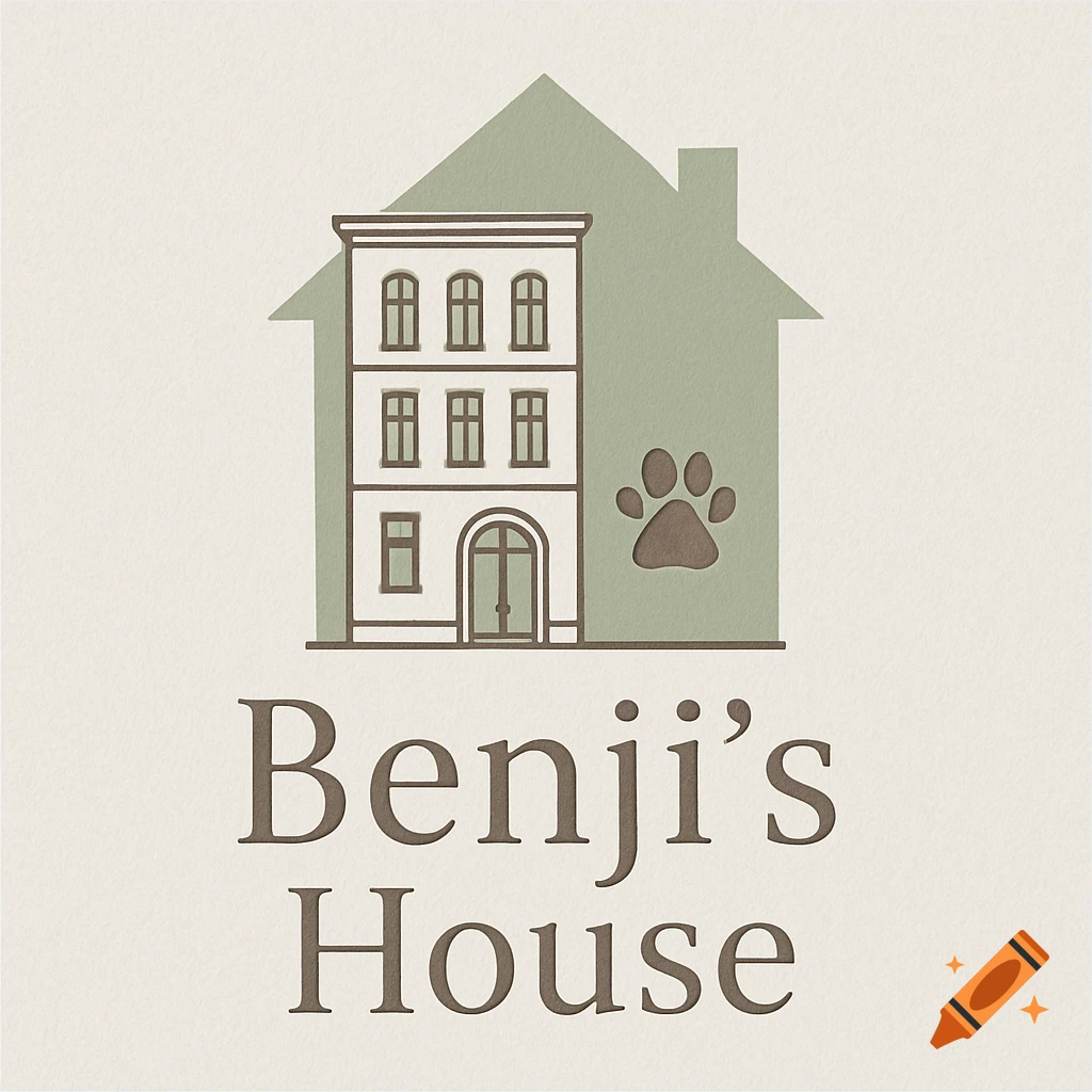 Logo featuring a stylized three-story building, a larger house ...