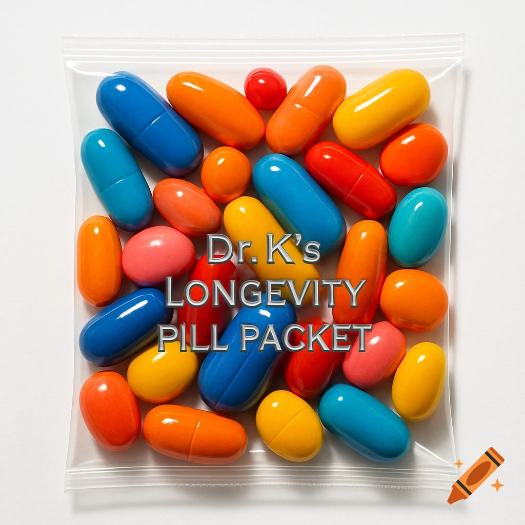 A clear plastic packet filled with colorful pills and capsules, labeled ...