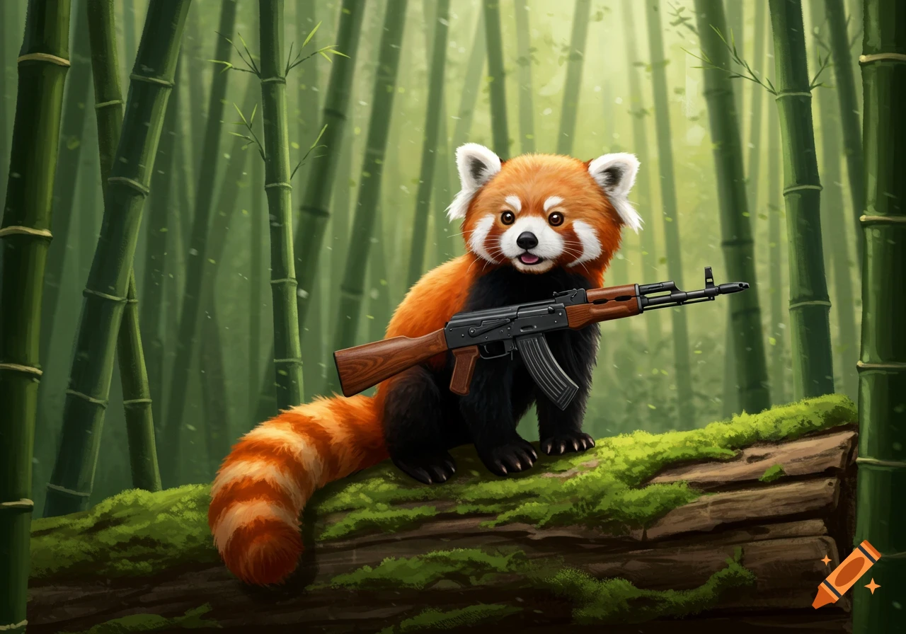 A cute red panda sitting on a mossy log in a bamboo forest, holding an ...