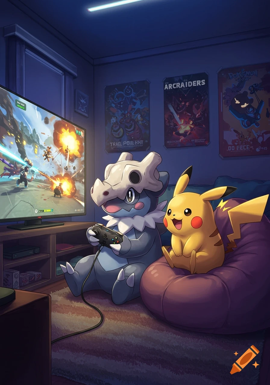 Cubone and Pikachu are playing a video game on a large TV in a dark ...