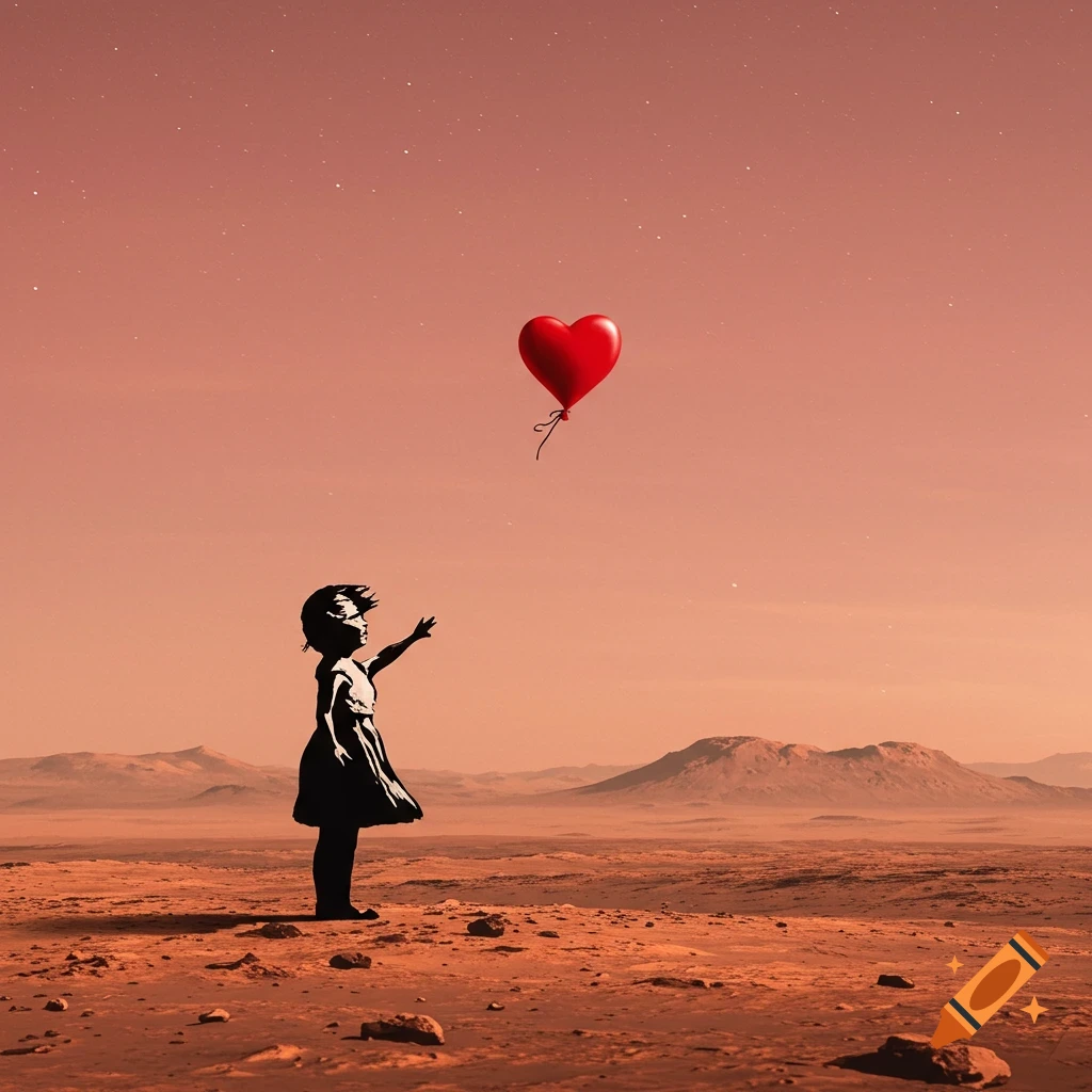 Banksy-style silhouette of a girl reaching for a red heart balloon on a ...