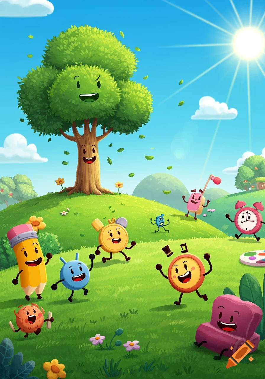 Cheerful cartoon object characters like a pencil and clocks, run on a ...
