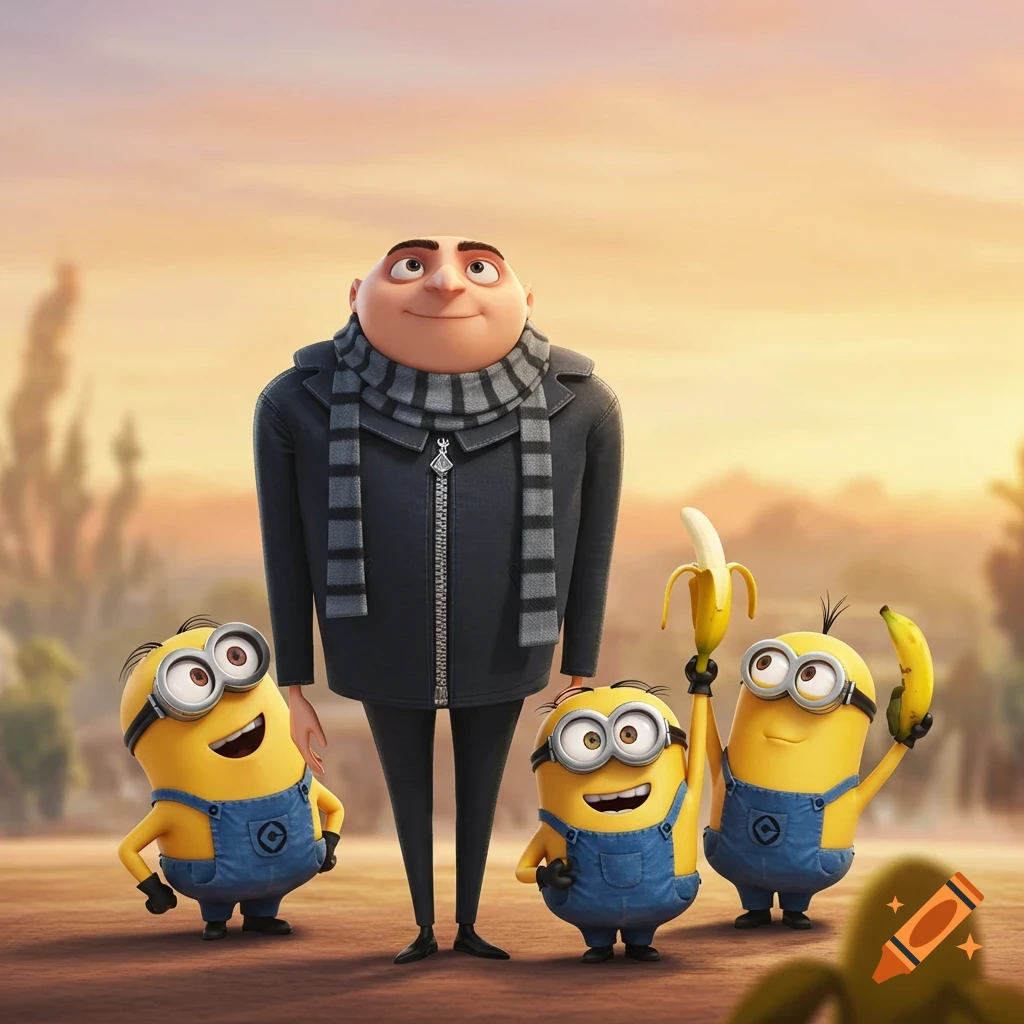 Gru smiles alongside three minions, two of whom are holding bananas ...