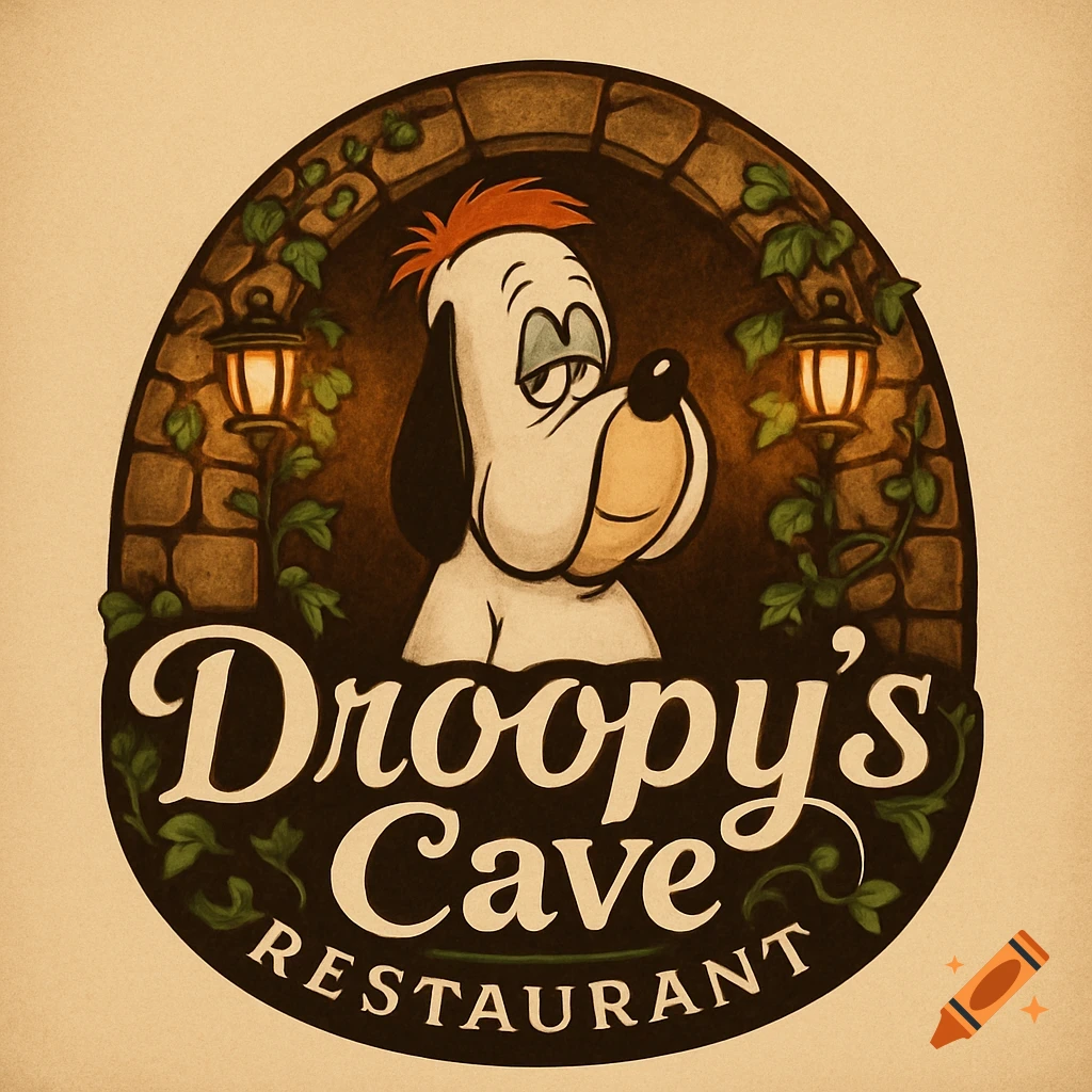 A vintage-style logo featuring the cartoon dog Droopy in a stone ...
