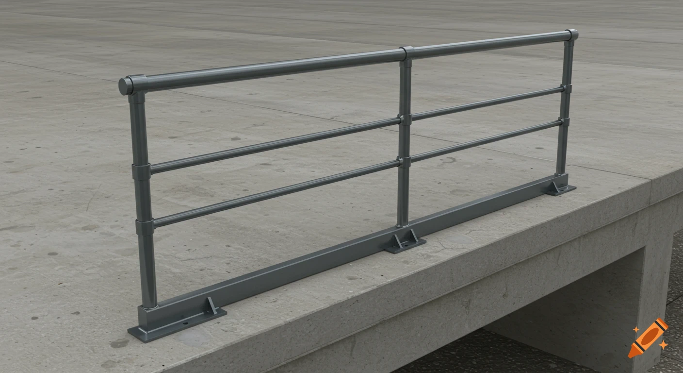 Photorealistic 3D render of a grey metal safety railing on a concrete ...
