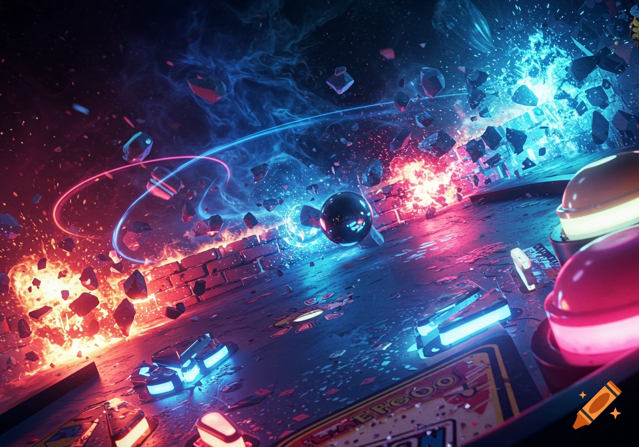 Vibrant digital art of a futuristic pinball game with red and blue ...