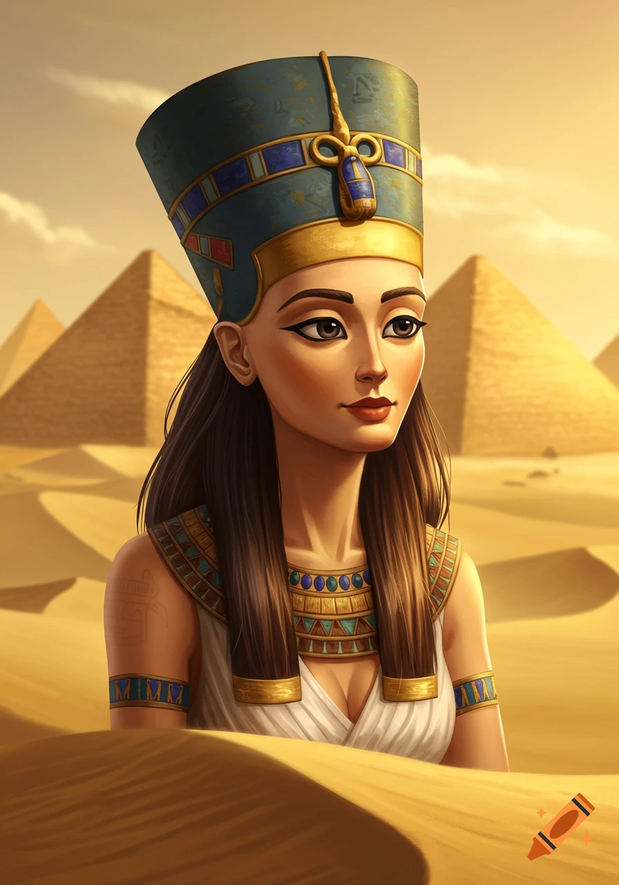 A cartoon-style Egyptian queen with long dark hair and a blue crown ...