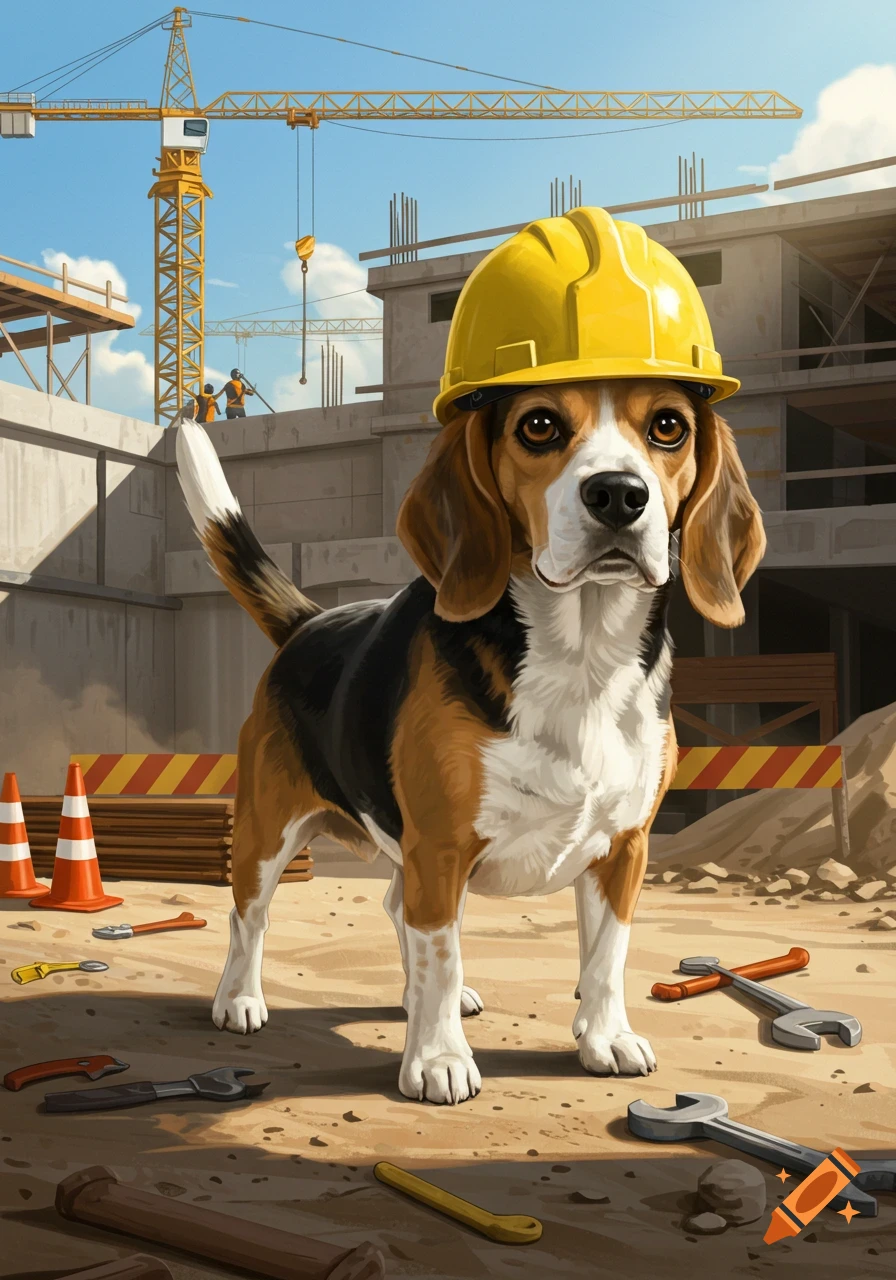 A beagle dog wearing a yellow hardhat stands on a construction site ...
