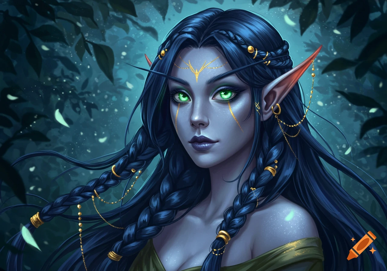 A fantasy portrait of a moon elf with pale blue skin, green eyes, deep ...