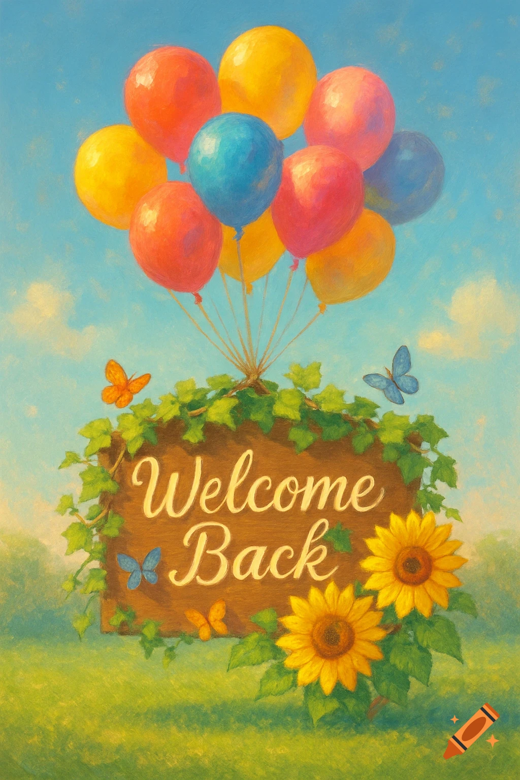 A colorful painting of balloons, a "Welcome Back" sign with ivy ...