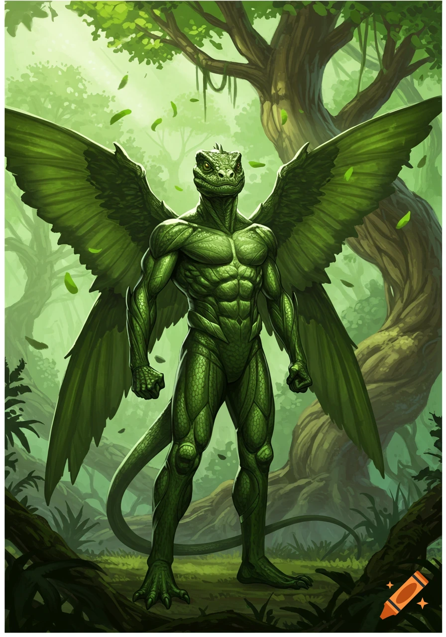 A muscular green winged lizard-man with a tail stands in a lush, sun ...