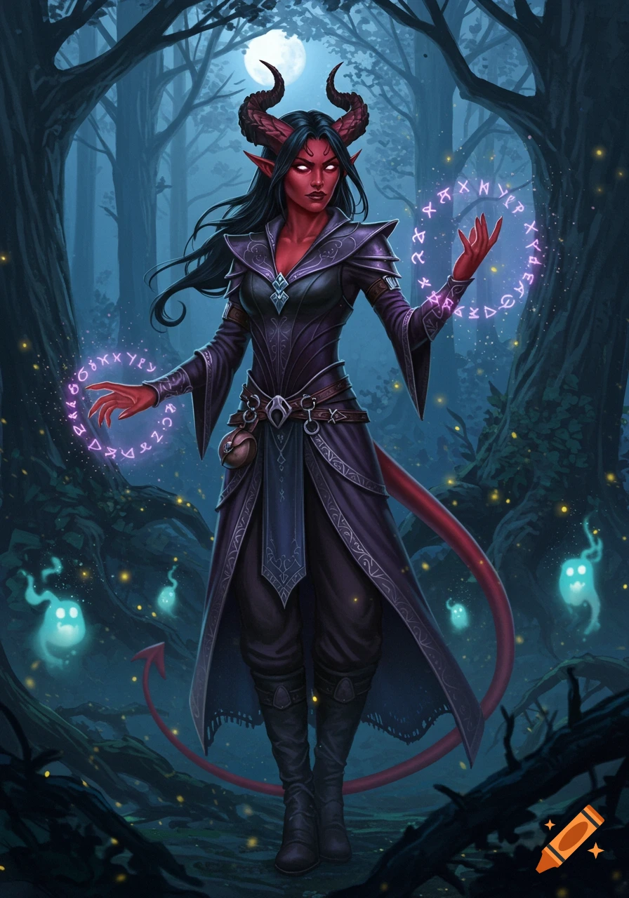 A female tiefling warlock with red skin, horns, and a tail, in a dark ...