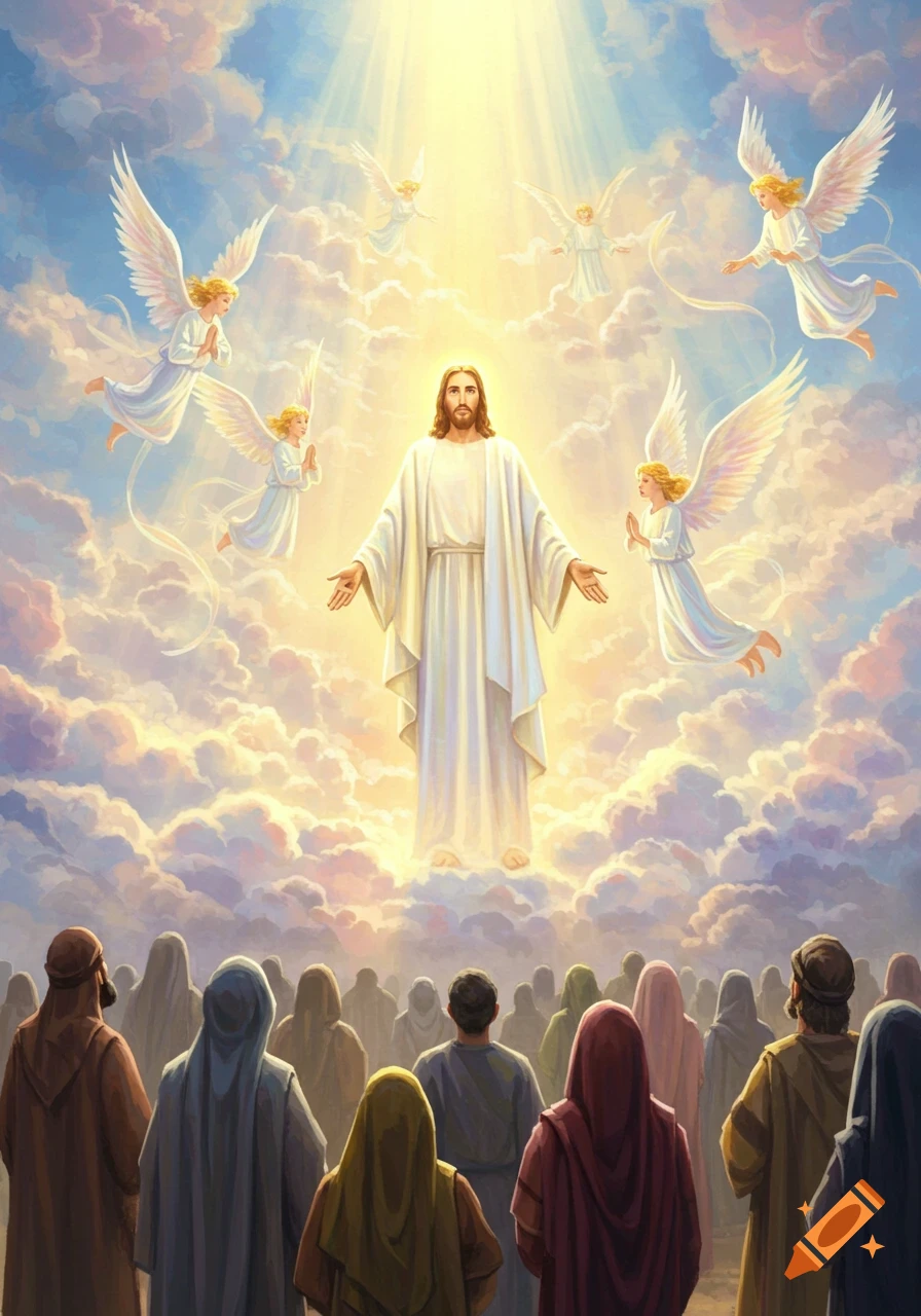 Jesus Christ in white robes with outstretched hands, surrounded by ...