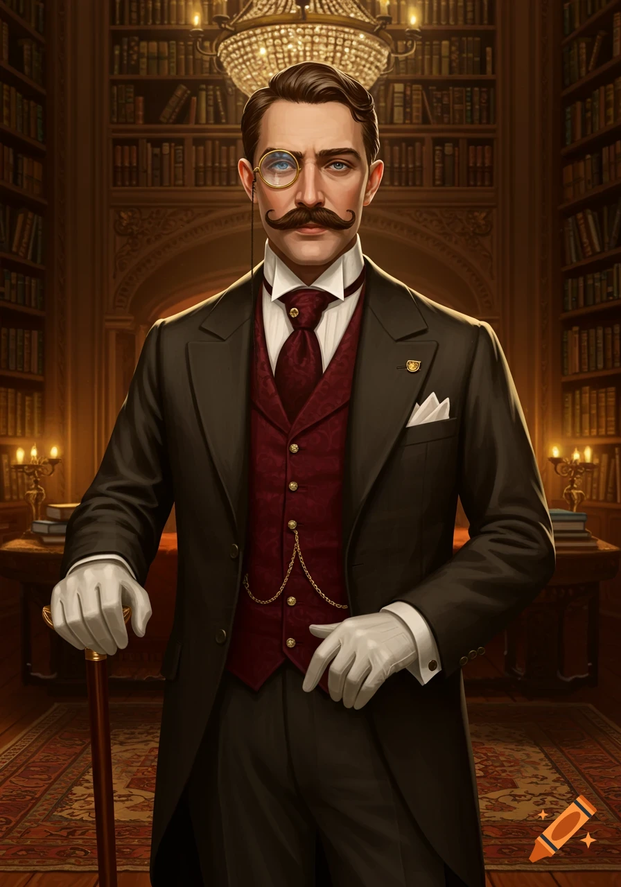 A dandy man with a mustache and monocle stands in a dimly lit library ...