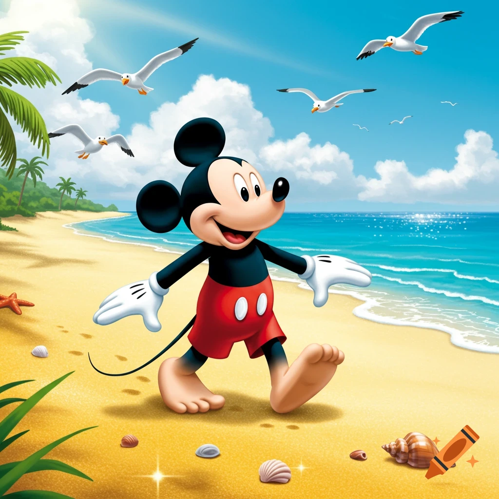 Mickey Mouse happily walks barefoot on a sunny sandy beach with ...