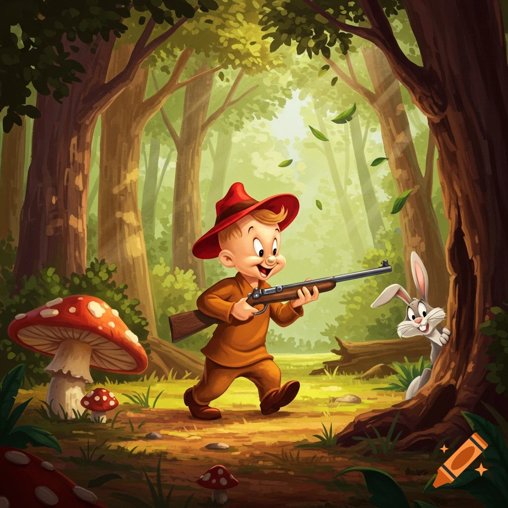 Cartoon Elmer Fudd in a red hat walks through a lush forest with a ...