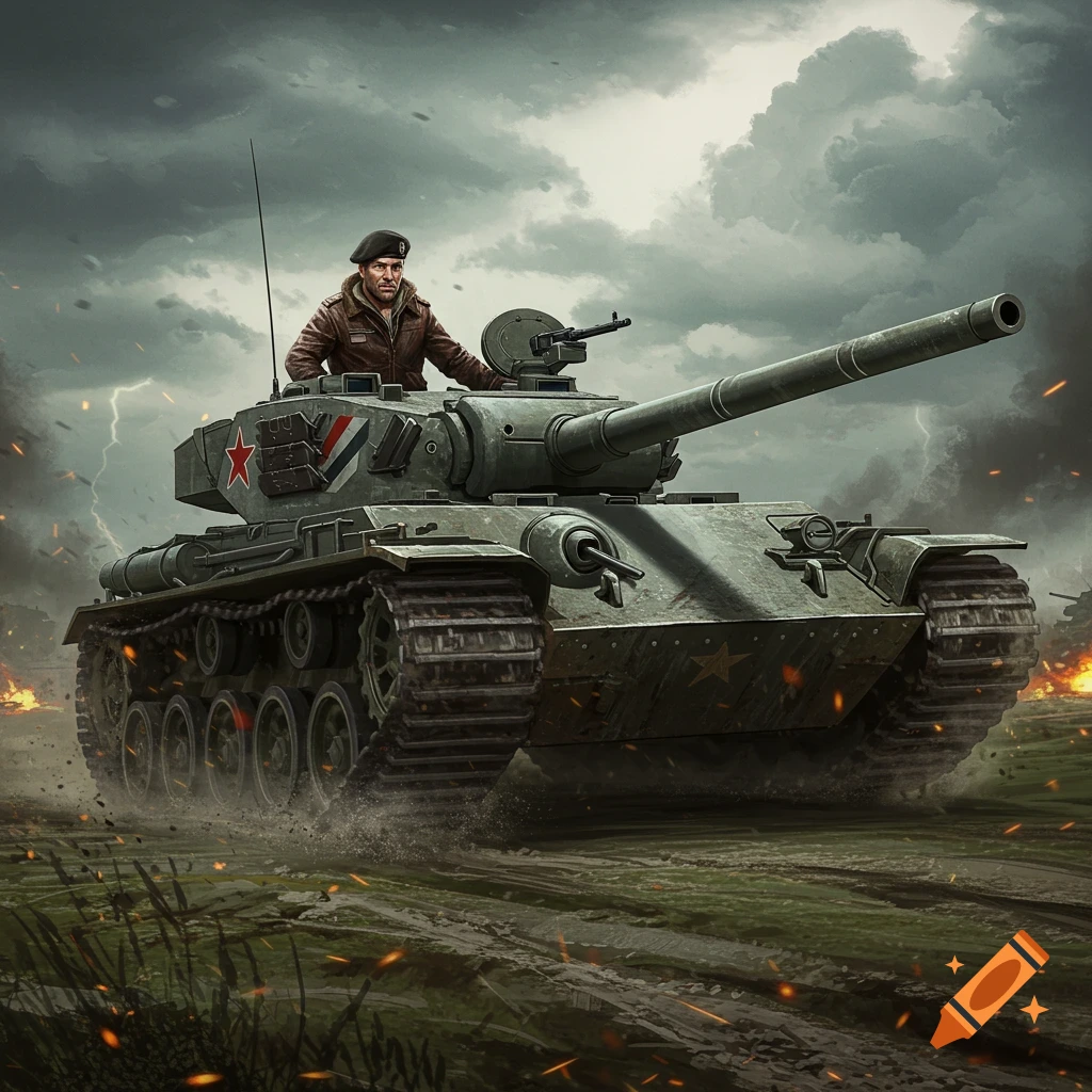 A soldier in a beret drives a military tank through a muddy field under ...