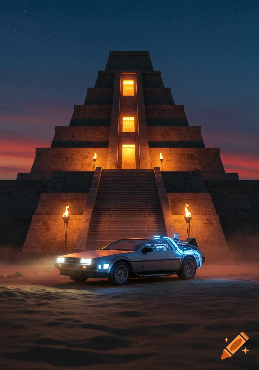 A futuristic DeLorean car with glowing lights parked on sand in front ...