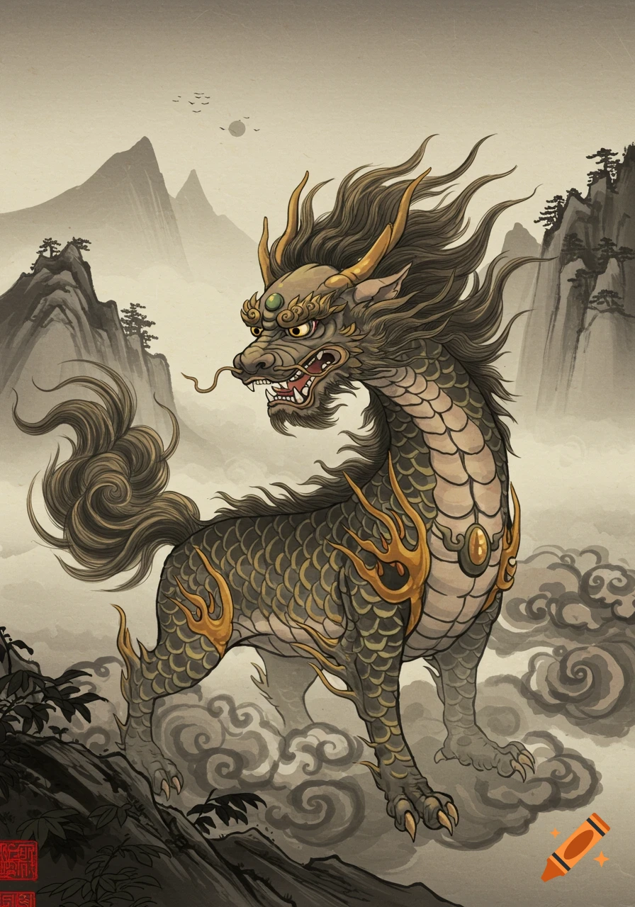 An Asian mythical kirin-like dragon with a long mane and scales ...